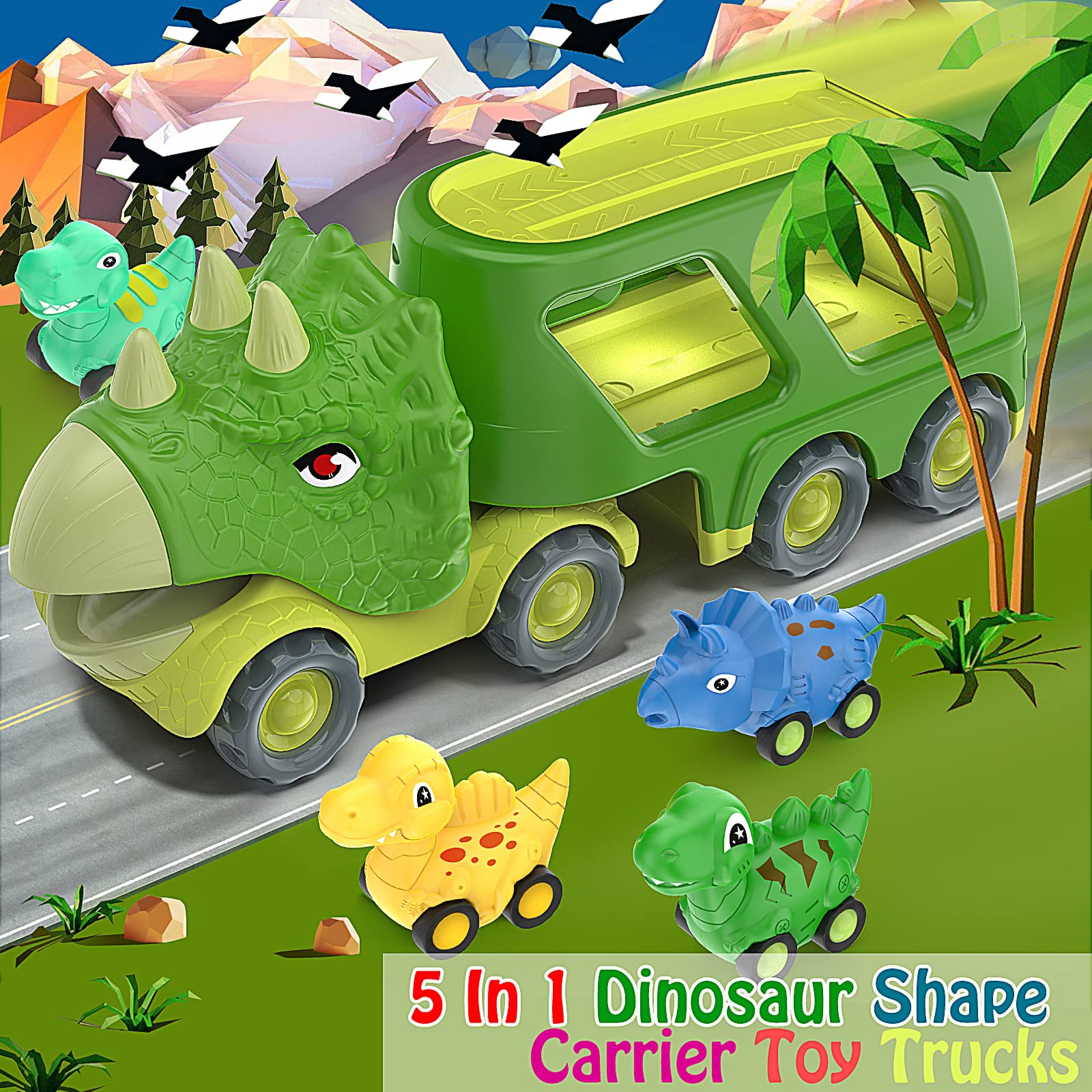 Car Toy for 2 3 4 5 Years Old Boys, Dinosaur Transport Carrier Truck with 4 Pack Small Pull Back Dino Car, Friction Power Vehicle Christmas Birthday Gift for 18M+ Kids Toddler