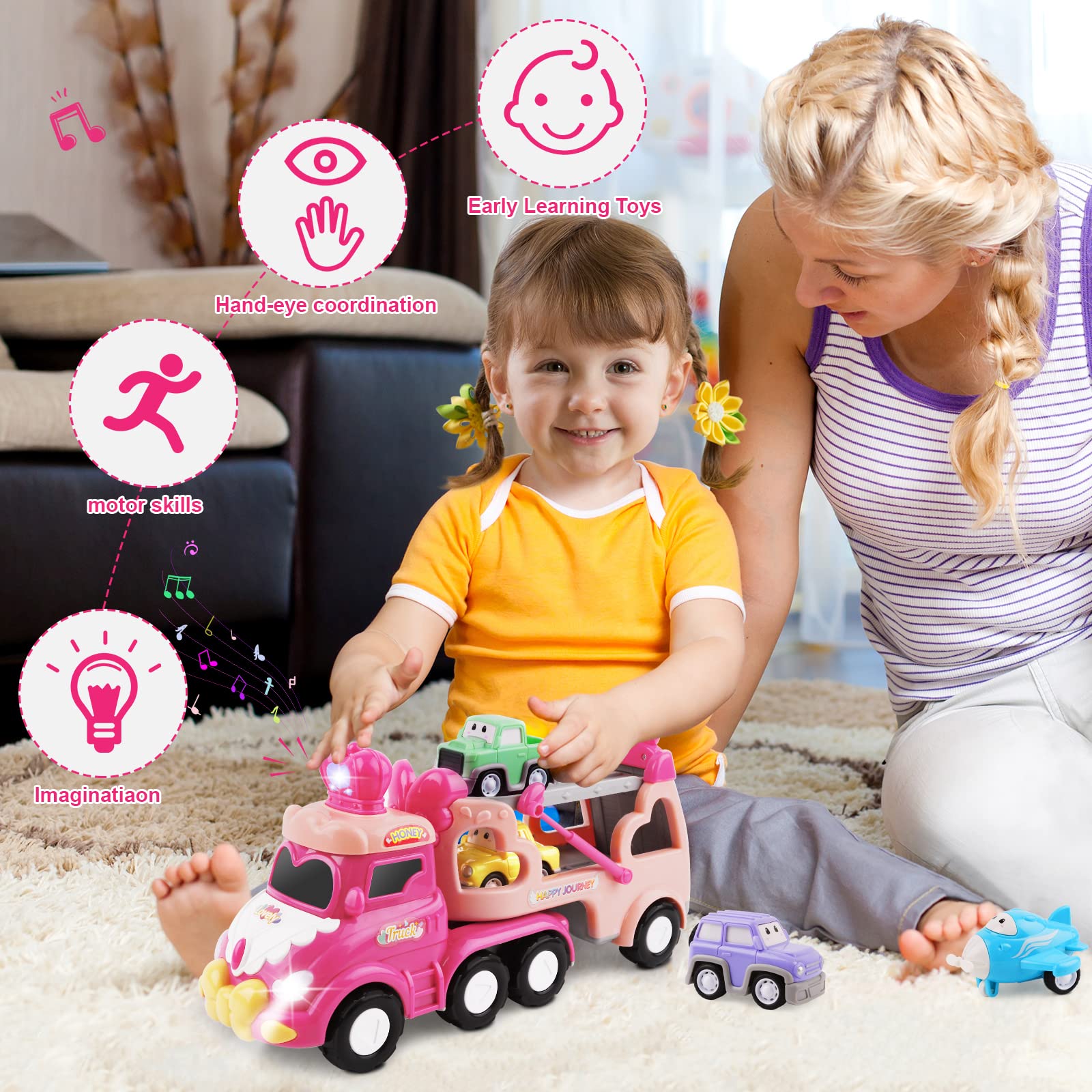 FindGood Toys for 1 2 3 Year Old Girl Pink Truck, 5-in-1 Carrier Truck Toys for Toddler Girl, Princess Toy Cars with Light & Sound, Birthday Gifts for 1 2 3 Year Old Girls