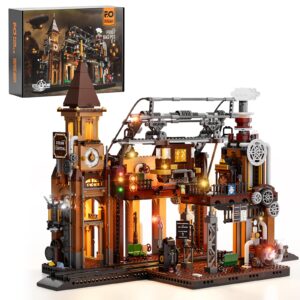 funwhole train-station lighting building bricks set - steampunk led light building set 1843 pieces for adults and teens