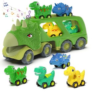 car toy for 2 3 4 5 years old boys, dinosaur transport carrier truck with 4 pack small pull back dino car, friction power vehicle christmas birthday gift for 18m+ kids toddler