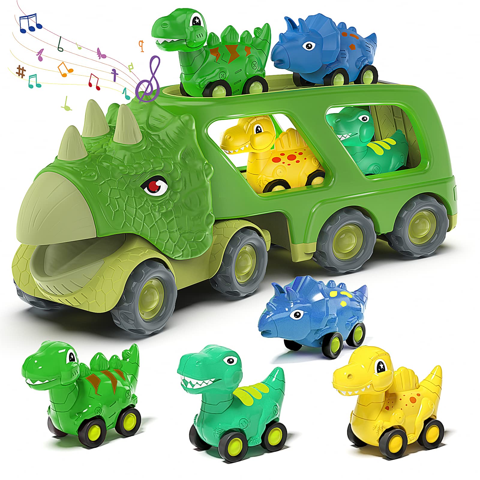 Car Toy for 2 3 4 5 Years Old Boys, Dinosaur Transport Carrier Truck with 4 Pack Small Pull Back Dino Car, Friction Power Vehicle Christmas Birthday Gift for 18M+ Kids Toddler