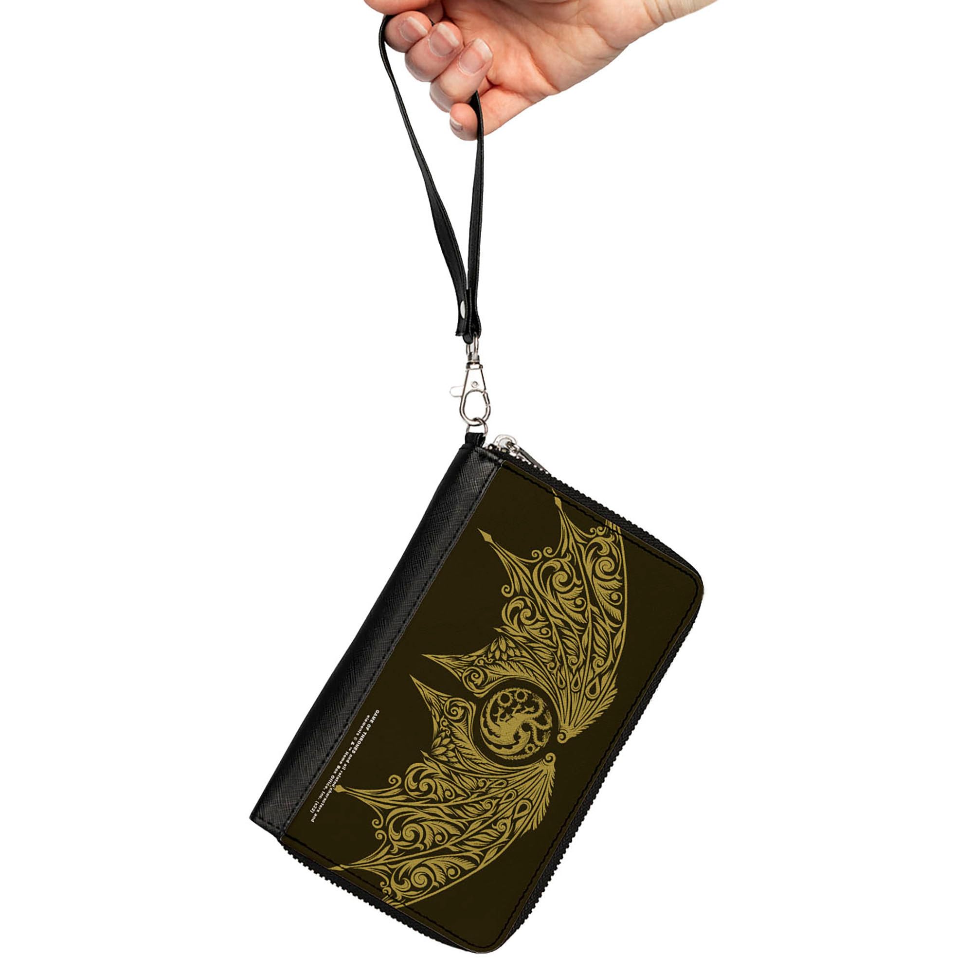 House of the Dragon Wallet, Zip Around, House of the Dragon Icon and Wings Black Yellow, Vegan Leather