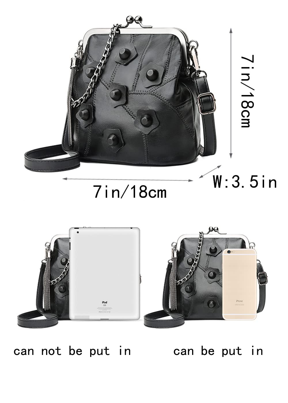 SMALLBLUER Women Rivet Purses Satchel Kiss-lock Vintage Chain Shoulder Bag Clutch Wallet Handbag with Tassel Pendant-Black