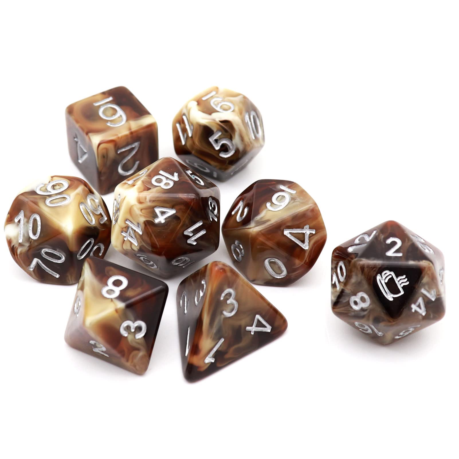 Haxtec Coffee DND Dice Set 8PCS Filled Resin Dice Set D&D Polyhedral Dice for RPG Dungeons and Dragons TTRPG Gift