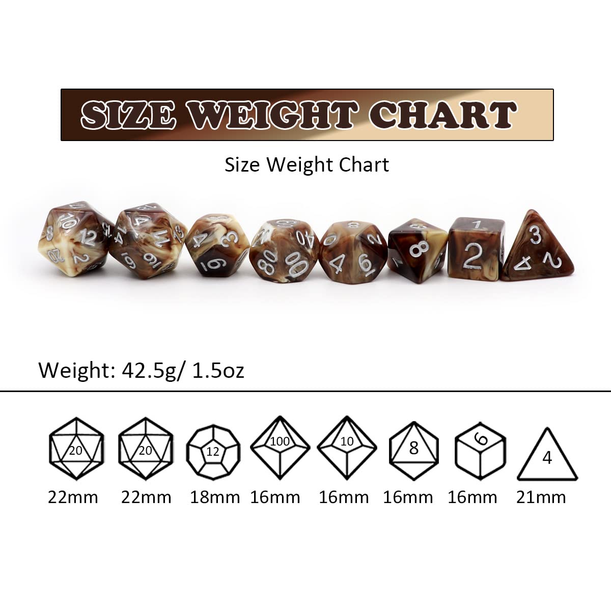 Haxtec Coffee DND Dice Set 8PCS Filled Resin Dice Set D&D Polyhedral Dice for RPG Dungeons and Dragons TTRPG Gift