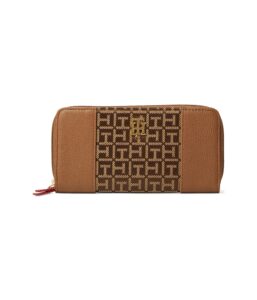 tommy hilfiger antonella ii zip around wallet square monogram jacquard chestnut/tannin/red one size