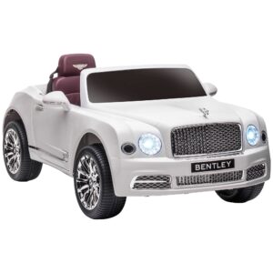 aosom bentley mulsanne 12v ride on car, battery powered car with remote control, suspension, startup sound, led lights, mp3, horn, music, forward and backward, 2 motors, white