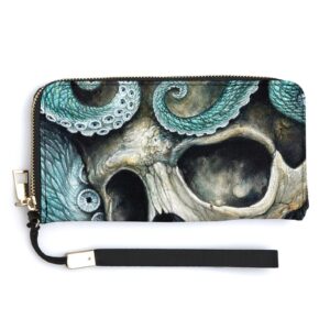 octopus and skull women’s long wallet pu clutch purse with wristlet strap zipper mini handbag