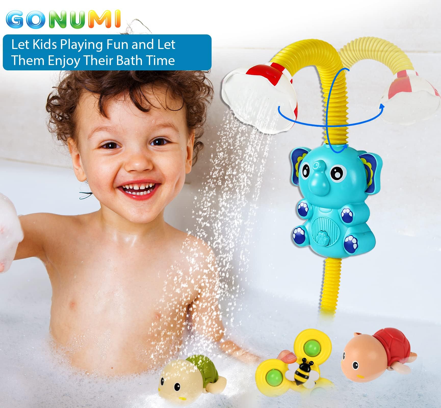 Gonumi Baby Bath Bathtub Toy with Shower Head Suction Cup Spinner Swimming Turtle, Toys Gifts for 6 to 12 Months, Toddlers 1-3, Kids Age 2-4,4-8, Water Gift Boys Girls New Born