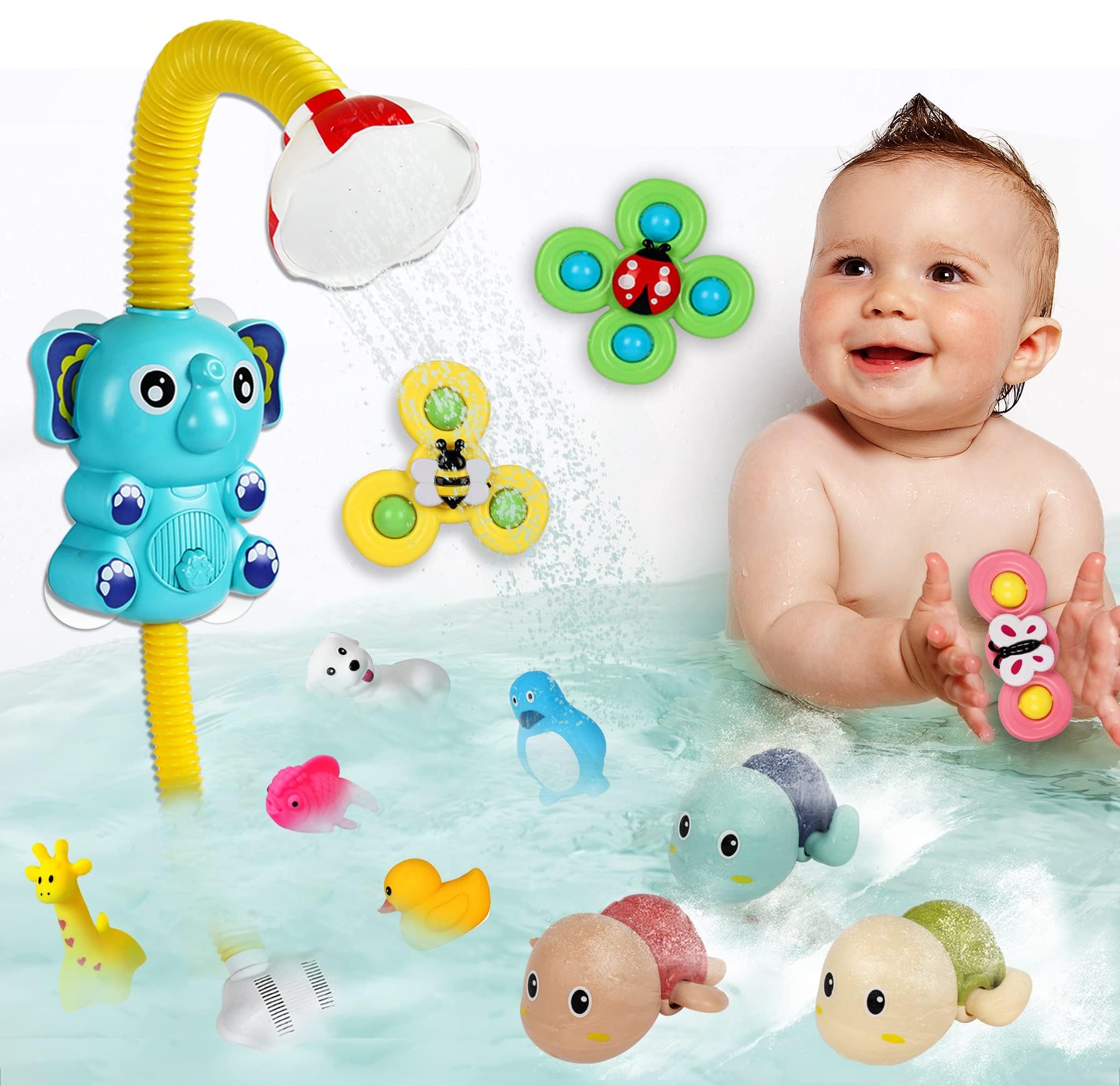 Gonumi Baby Bath Bathtub Toy with Shower Head Suction Cup Spinner Swimming Turtle, Toys Gifts for 6 to 12 Months, Toddlers 1-3, Kids Age 2-4,4-8, Water Gift Boys Girls New Born