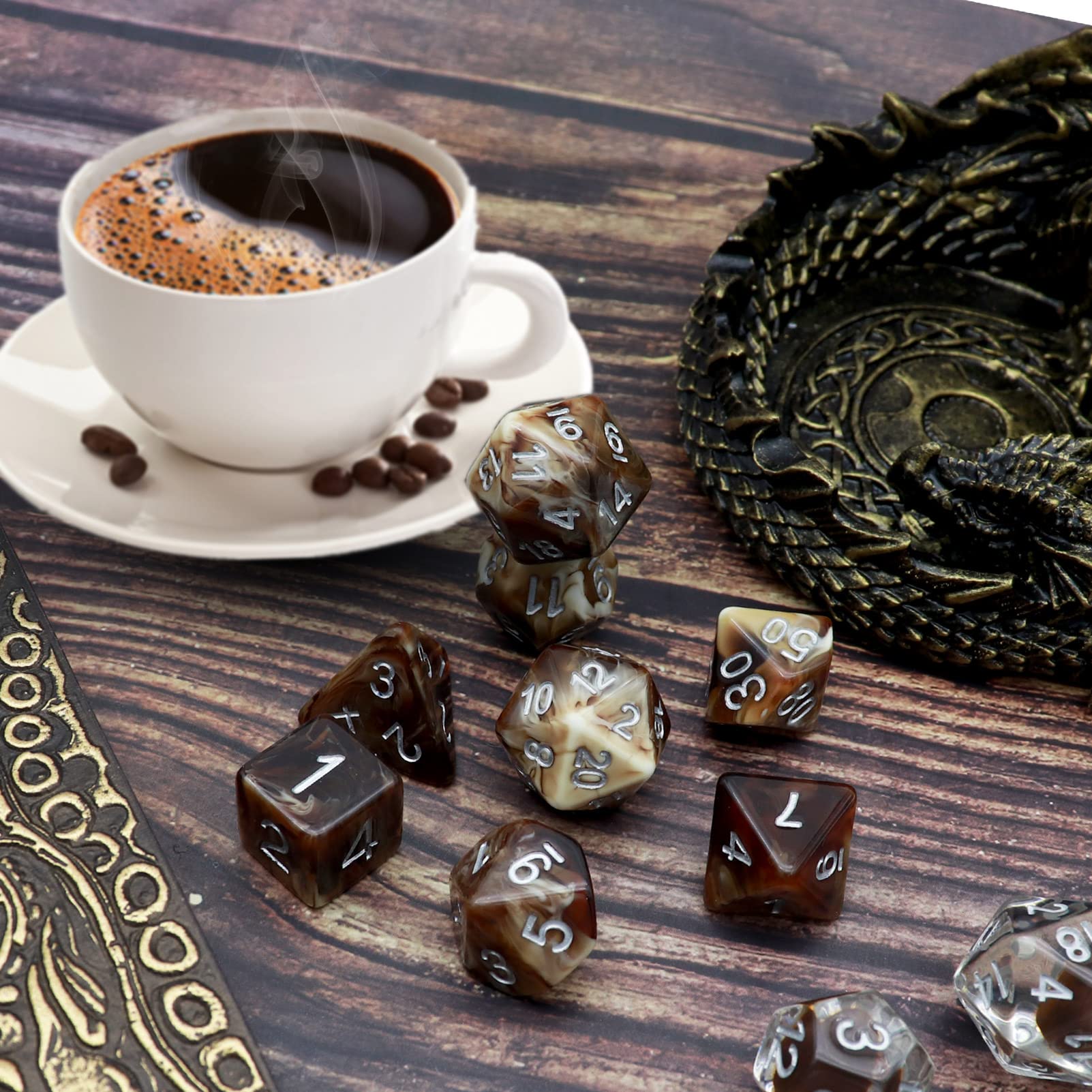 Haxtec Coffee DND Dice Set 8PCS Filled Resin Dice Set D&D Polyhedral Dice for RPG Dungeons and Dragons TTRPG Gift