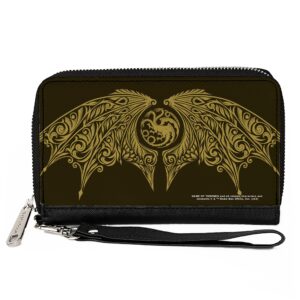 house of the dragon wallet, zip around, house of the dragon icon and wings black yellow, vegan leather