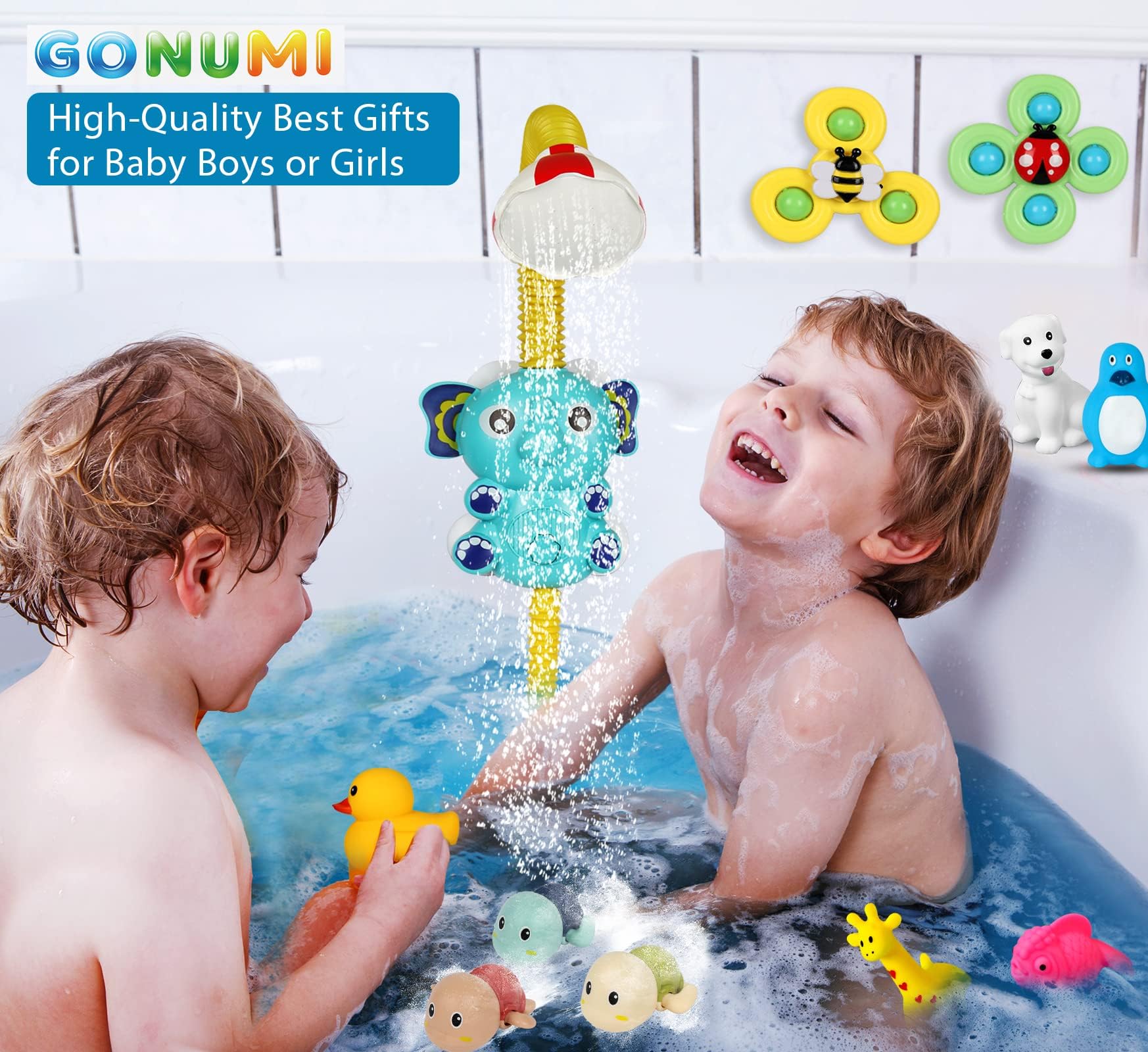 Gonumi Baby Bath Bathtub Toy with Shower Head Suction Cup Spinner Swimming Turtle, Toys Gifts for 6 to 12 Months, Toddlers 1-3, Kids Age 2-4,4-8, Water Gift Boys Girls New Born