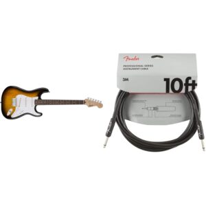 squier bullet stratocaster ht sss electric guitar, brown sunburst, laurel fingerboard & professional series instrument cable, straight/straight, black, 10ft