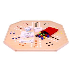 amishtoybox.com wooden marble chase (cards n' marbles) board game set - large 25" wide board - double-sided - includes 1" marbles and playing cards