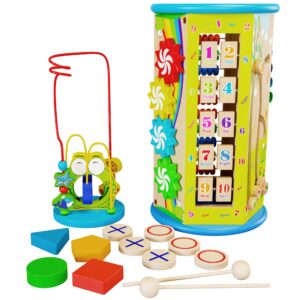 wooden activity cube for toddlers 1-3 with bead maze - birthday gift busy baby activity cube for babies 12 months - standing wood sensory learning cube play center toys for 1 year old boys & girls