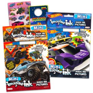 monster jam and hot wheels magic ink coloring book set kids toddlers - bundle with 2 imagine ink coloring books with invisible ink pens, racecar stickers and door hanger