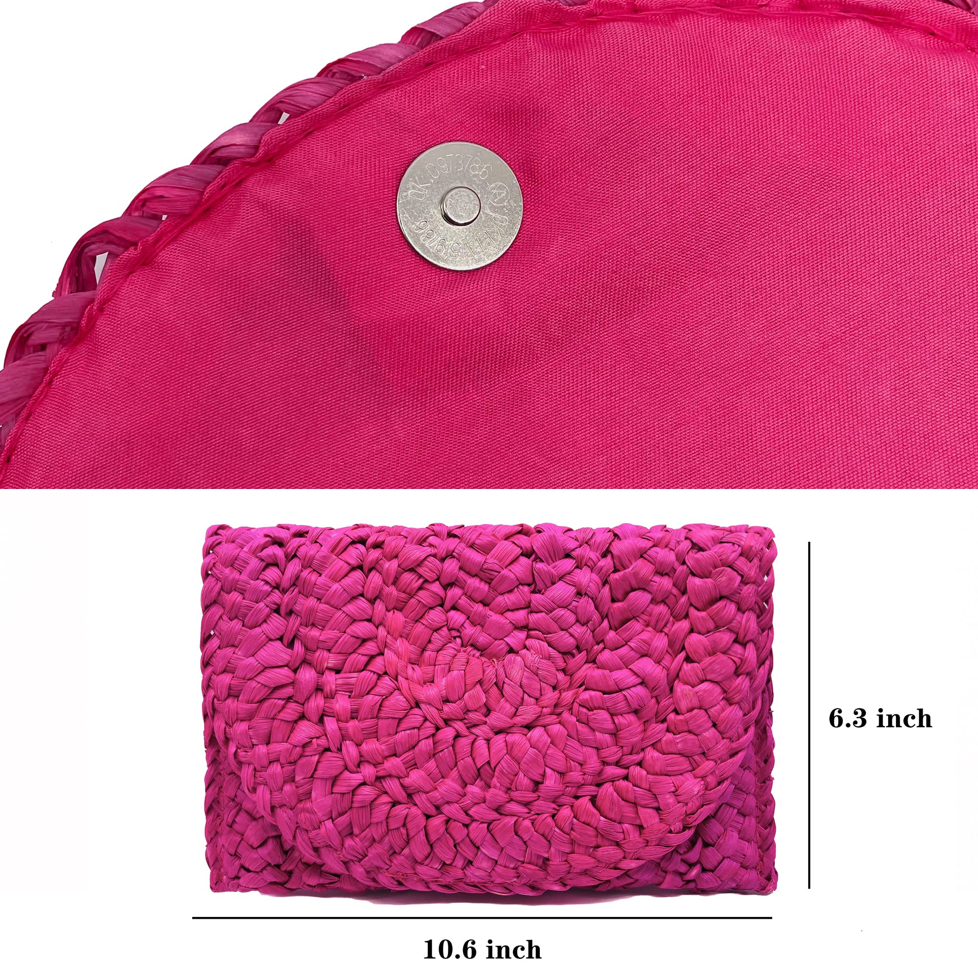 Seamido Straw Clutch Purses for Women Corn Straw Woven Bags Beach Handbags(Rose Red)