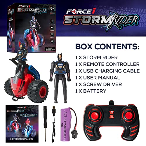 Force1 Storm Rider Remote Control Car for Kids - Rechargeable Fast Off Road RC Car, LED Stunt Toy Car with 360 Spins, Sit Stand Action Figure, Rubber Tires, 2.4 GHz Easy Remote Indoor Outdoor Kid Car