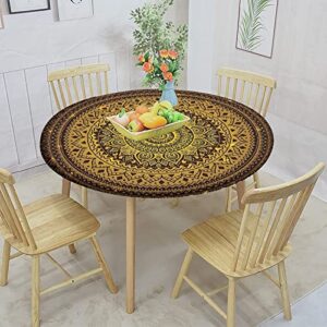 Mandala Round Fitted Tablecloth with Elastic Edge,Brown Mandala Pattern in Dark Print Polyester Table Cloth, XLarge, Fit Round Tables up 59"-63" Diameter, for Christmas Wedding Party Dining Banquet