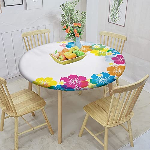 Luau Elastic Edged Polyester Fitted Table Cover,Vibrant Colorful Border Design Blossoming Print Round Fitted Tablecloth, XLarge, Fit Round Tables up 59"-63" Diameter, for Wedding Party Dining Banquet