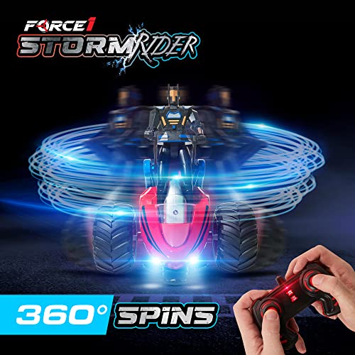 Force1 Storm Rider Remote Control Car for Kids - Rechargeable Fast Off Road RC Car, LED Stunt Toy Car with 360 Spins, Sit Stand Action Figure, Rubber Tires, 2.4 GHz Easy Remote Indoor Outdoor Kid Car