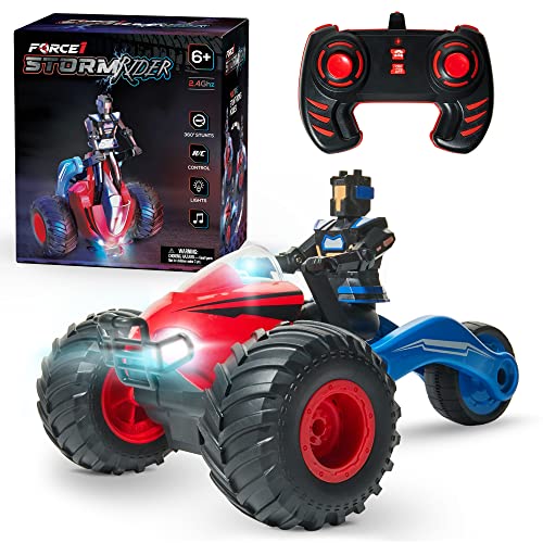 Force1 Storm Rider Remote Control Car for Kids - Rechargeable Fast Off Road RC Car, LED Stunt Toy Car with 360 Spins, Sit Stand Action Figure, Rubber Tires, 2.4 GHz Easy Remote Indoor Outdoor Kid Car