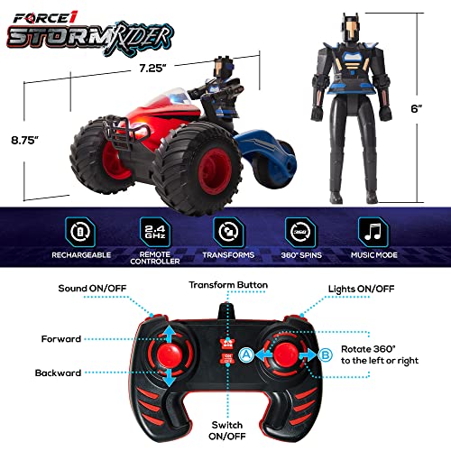 Force1 Storm Rider Remote Control Car for Kids - Rechargeable Fast Off Road RC Car, LED Stunt Toy Car with 360 Spins, Sit Stand Action Figure, Rubber Tires, 2.4 GHz Easy Remote Indoor Outdoor Kid Car