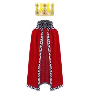 2 pack king cloak crown costume set for kids, halloween king prince cosplay costume red cloak cape and gold crown for halloween party kids party dress up supplies