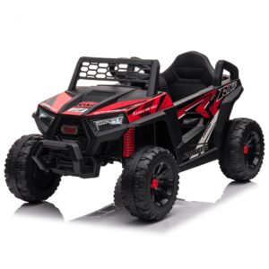 tobbi 12v kids ride on car, electric off-road utv truck with forward and reverse functions, double open doors, safety belt, horn, music, and lights for kids aged 3-5 years (red)