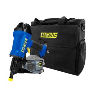 estwing ecn65 pneumatic 15 degree 2-1/2" coil siding nailer with adjustable metal belt hook, 1/4" npt industrial swivel fitting, and bag