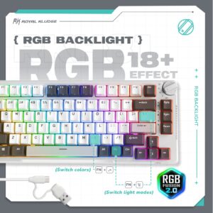 RK ROYAL KLUDGE H81 Hot Swappable Mechanical Keyboard, Triple Mode 2.4Ghz/BT5.1/USB-C Knob Control Wireless Gaming Keyboard Gasket Mounted with RGB Backlit SkyCyan Switch, 75% Layout 81 Keys, White