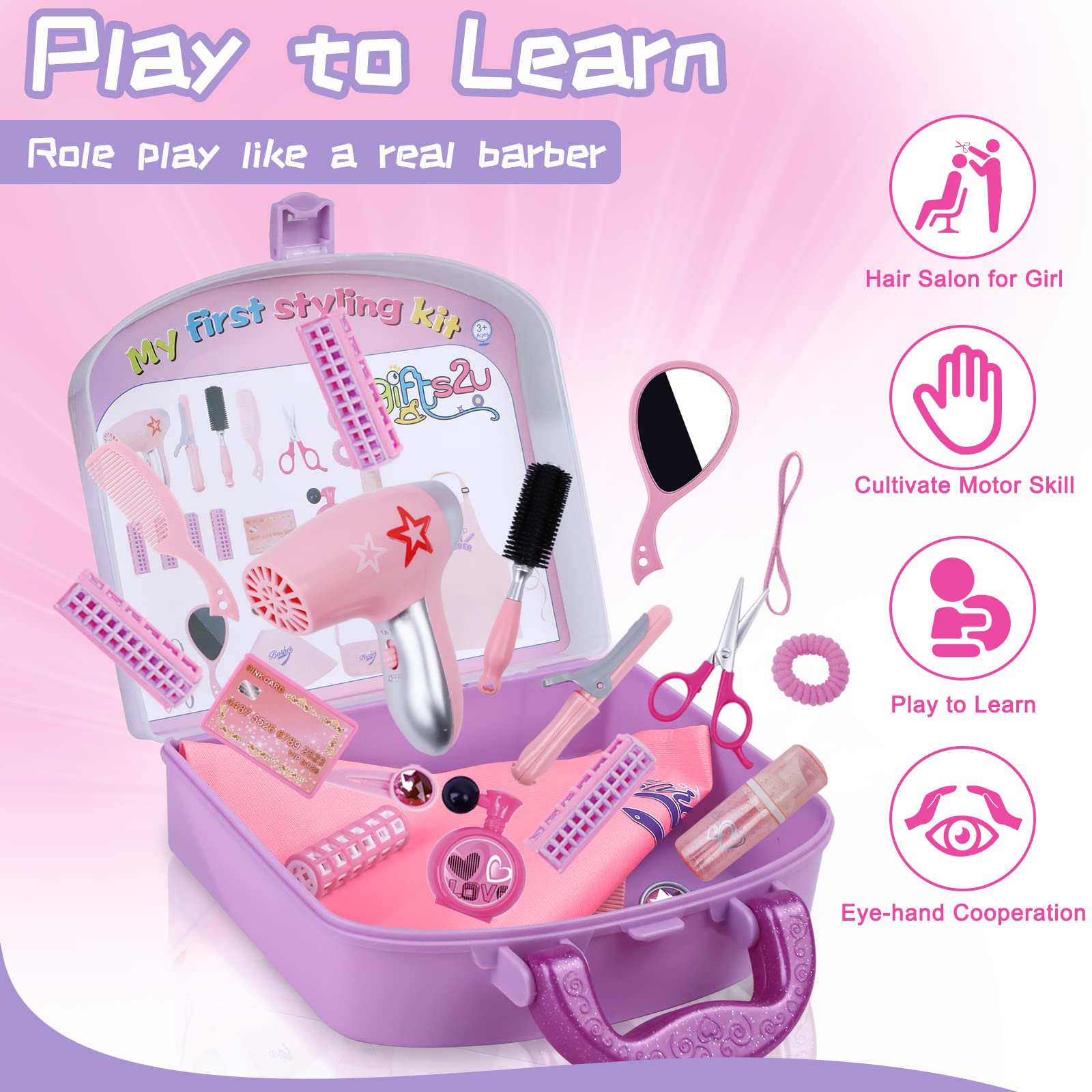 Gifts2U Girls Beauty Salon Set, 23 Pcs Kids Beauty Salon Toy Kit Pretend Hair Styling Set for Girls with Blow Dryer, Barber Costume Apron, Scissors and Stylist Accessories