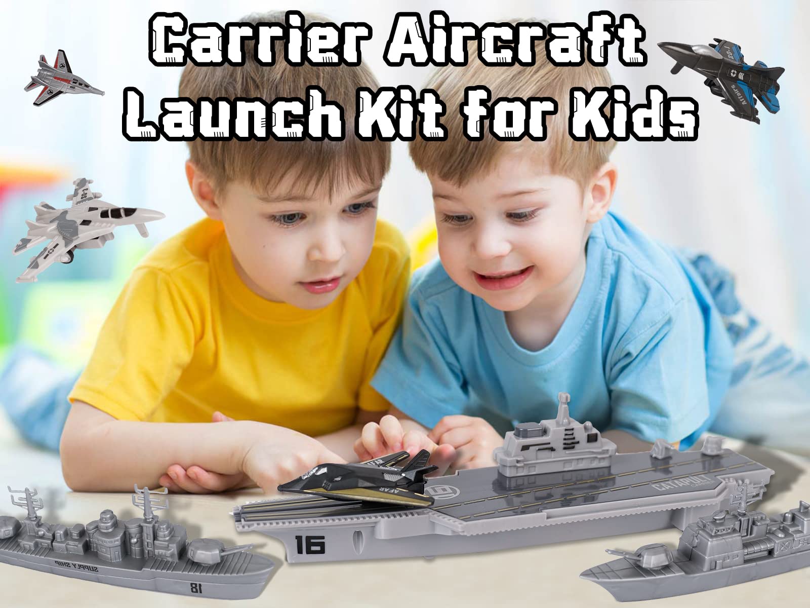 Crelloci Aircraft Carrier Military Naval Ship with Pull Back Army Fighter Jet Toy Small Scale Model Plane Submarine Kids' Play Vehicle Set for Boy Girl Children