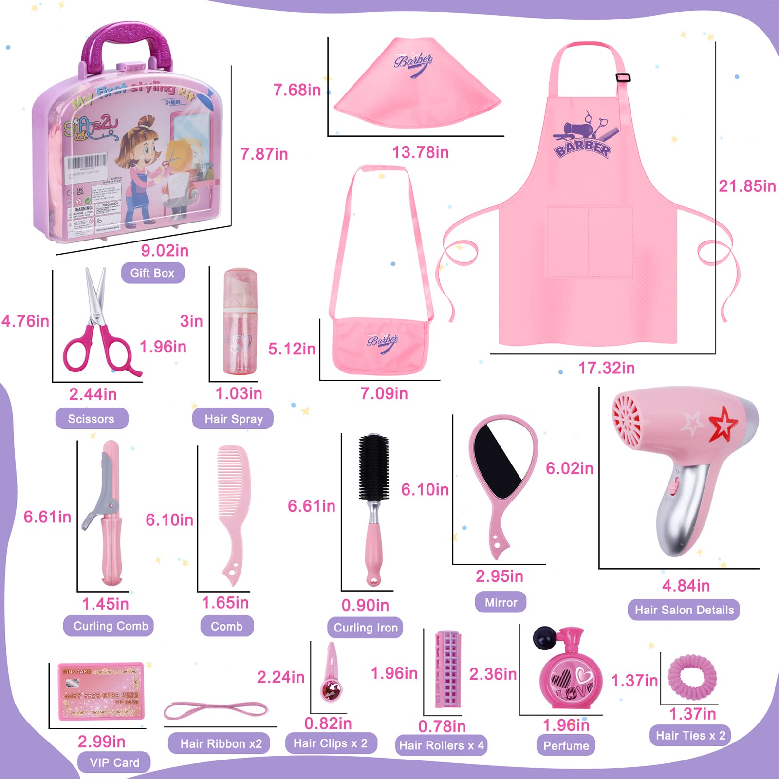 Gifts2U Girls Beauty Salon Set, 23 Pcs Kids Beauty Salon Toy Kit Pretend Hair Styling Set for Girls with Blow Dryer, Barber Costume Apron, Scissors and Stylist Accessories