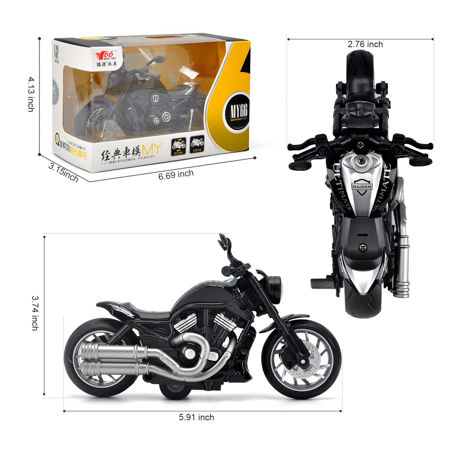 CYYSFIVQZ Toy Motorcycle,Pull Back Motorcycle Toy with Sounds and Lights,1:12 Alloy Motorcycle Model for Boys,Pull Back Motorcycle Toys Gift for Boy Girl (Black)