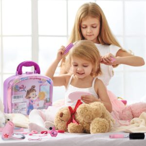 Gifts2U Girls Beauty Salon Set, 23 Pcs Kids Beauty Salon Toy Kit Pretend Hair Styling Set for Girls with Blow Dryer, Barber Costume Apron, Scissors and Stylist Accessories