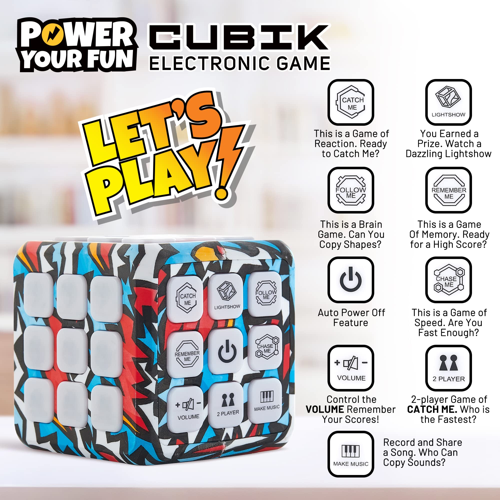 Power Your Fun Cubik LED Flashing Cube Memory Game - Electronic Handheld Game, 5 Brain Memory Games for Kids STEM Sensory Toys Brain Game Puzzle Fidget Light Up Cube Stress Relief Fidget Toy (Action)