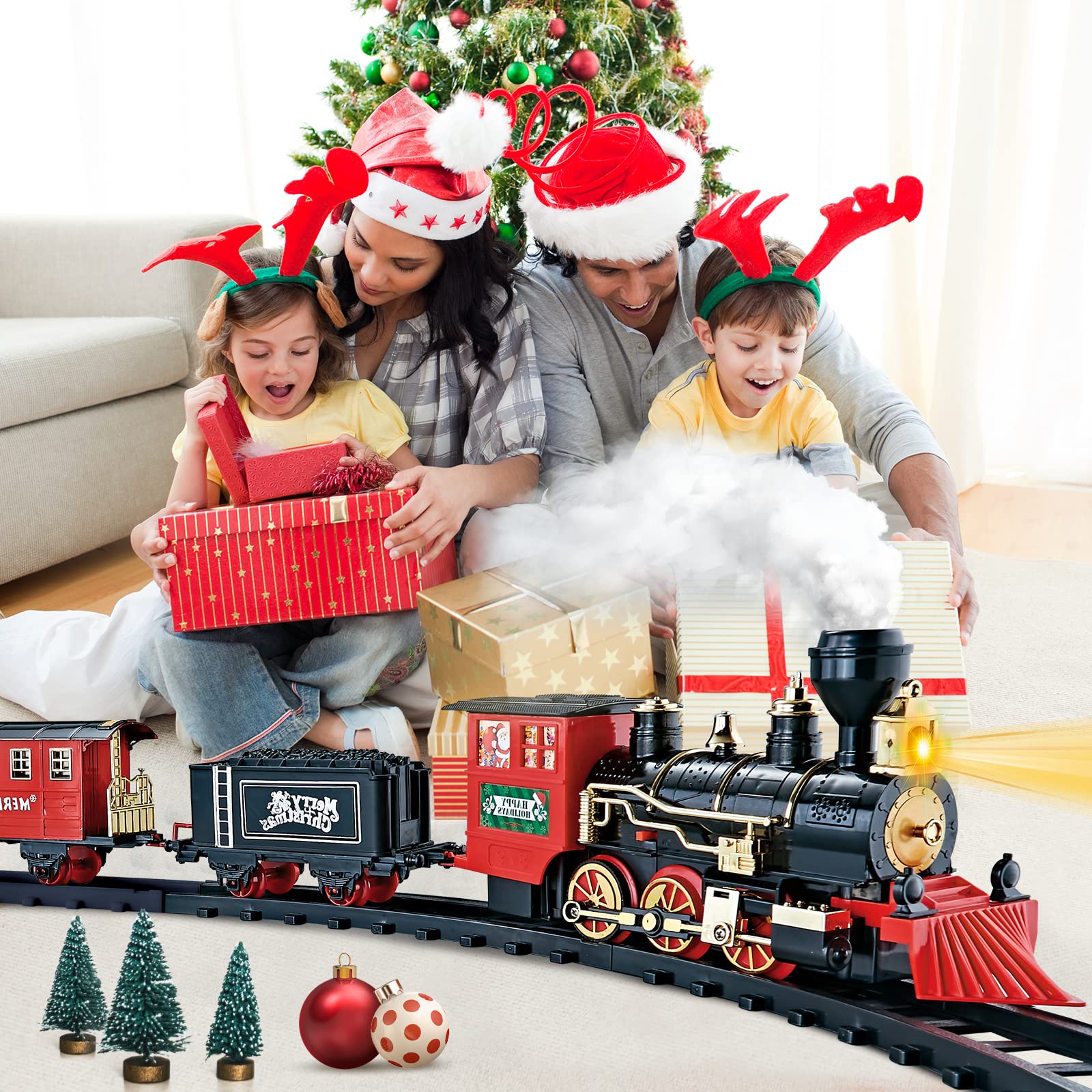 Shemira Christmas Train Set, Train Toys for Boys Girls,Toy Train with Light Smoke and Sound,Steam Train Set for Around Christmas Tree,Christmas Train Toys Gifts for 3 4 5 6 7 8+ Year Old Kids