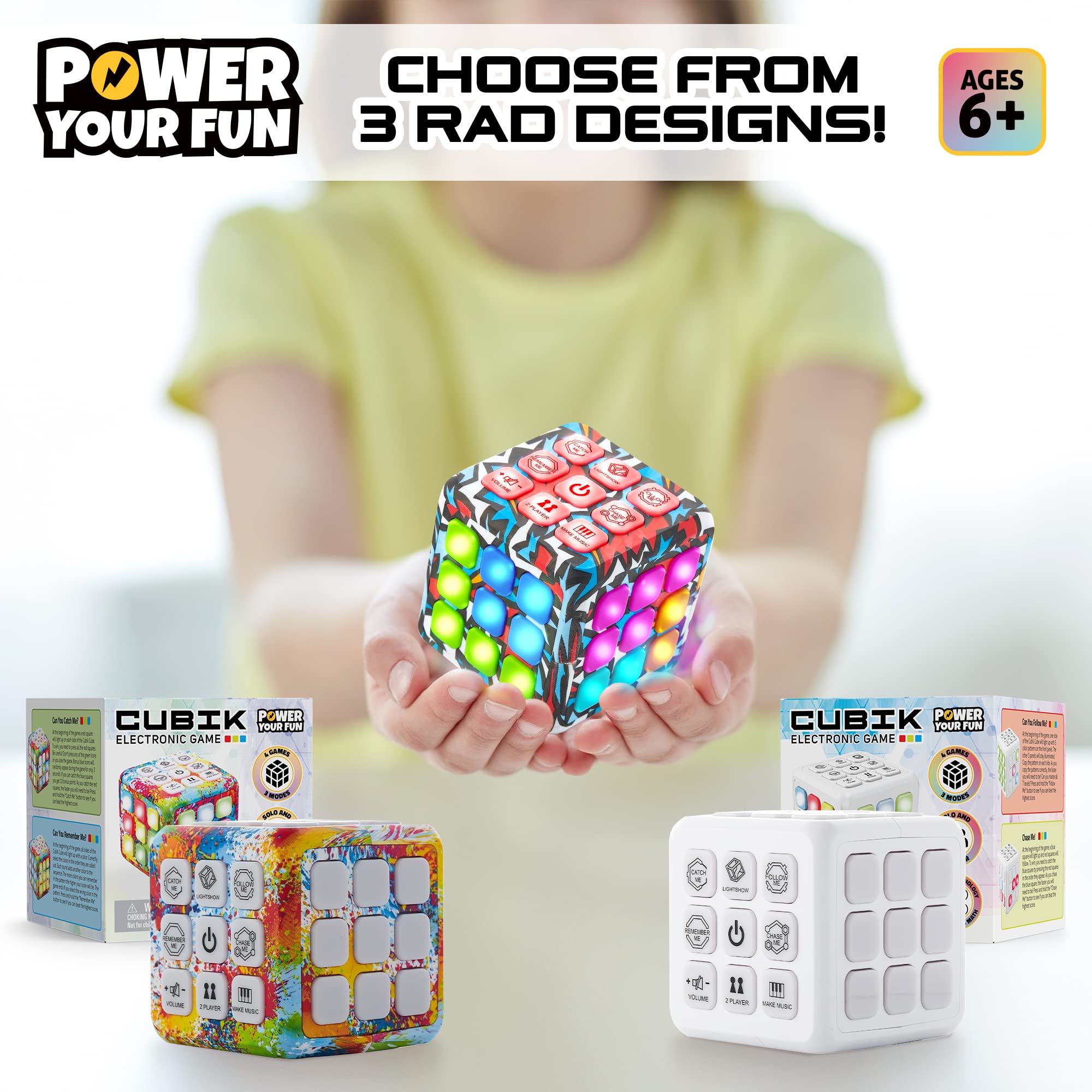 Power Your Fun Cubik LED Flashing Cube Memory Game - Electronic Handheld Game, 5 Brain Memory Games for Kids STEM Sensory Toys Brain Game Puzzle Fidget Light Up Cube Stress Relief Fidget Toy (Action)