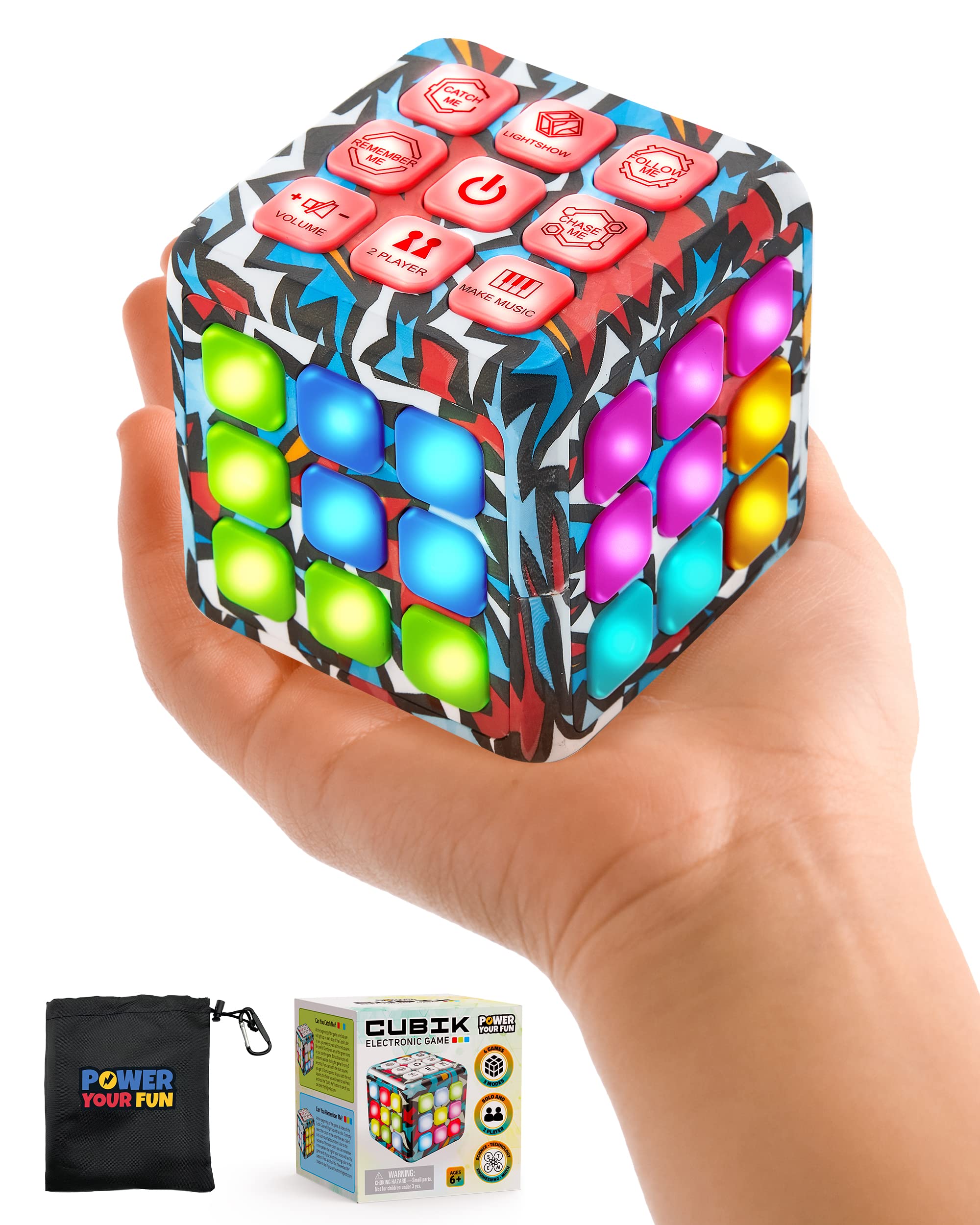 Power Your Fun Cubik LED Flashing Cube Memory Game - Electronic Handheld Game, 5 Brain Memory Games for Kids STEM Sensory Toys Brain Game Puzzle Fidget Light Up Cube Stress Relief Fidget Toy (Action)