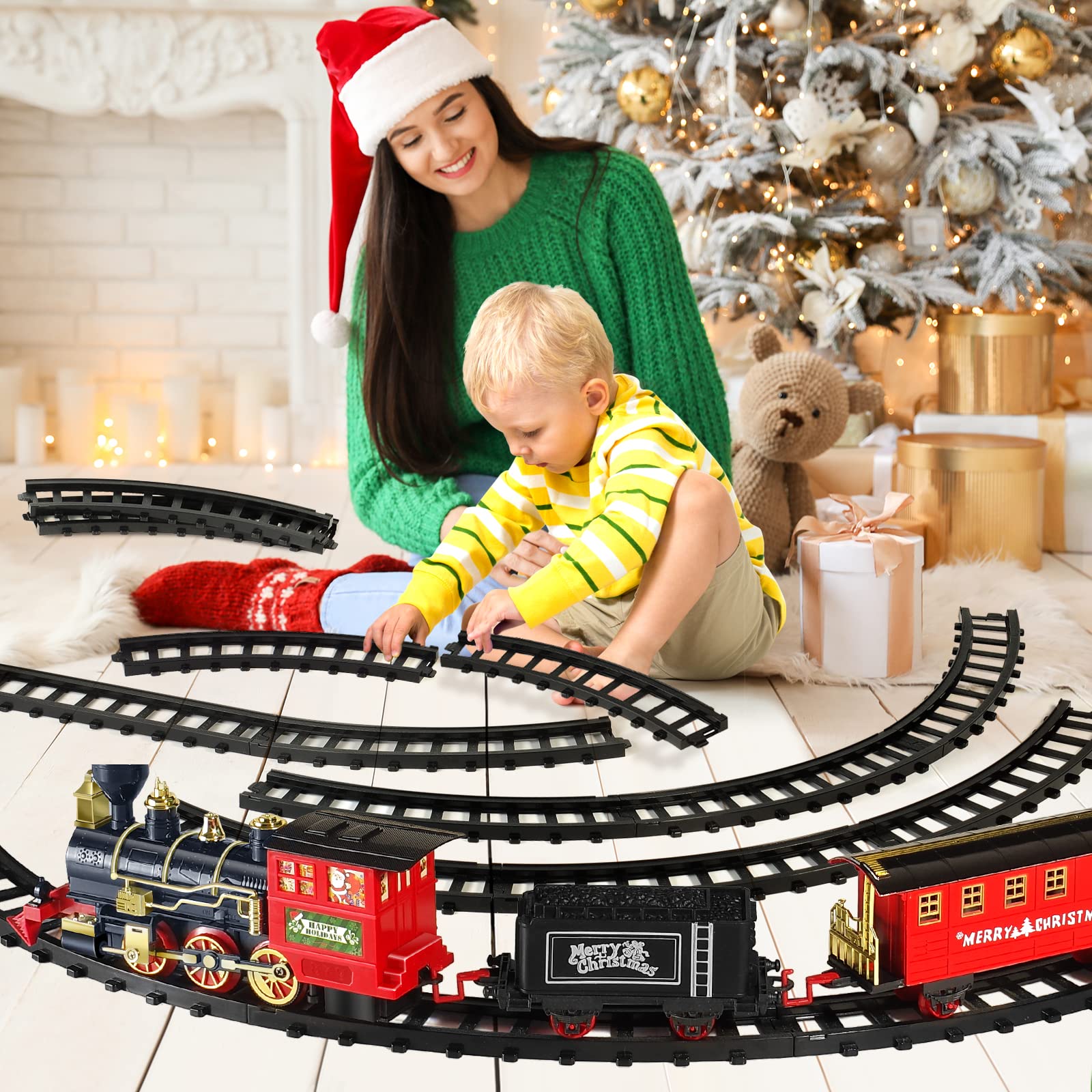 Shemira Christmas Train Set, Train Toys for Boys Girls,Toy Train with Light Smoke and Sound,Steam Train Set for Around Christmas Tree,Christmas Train Toys Gifts for 3 4 5 6 7 8+ Year Old Kids