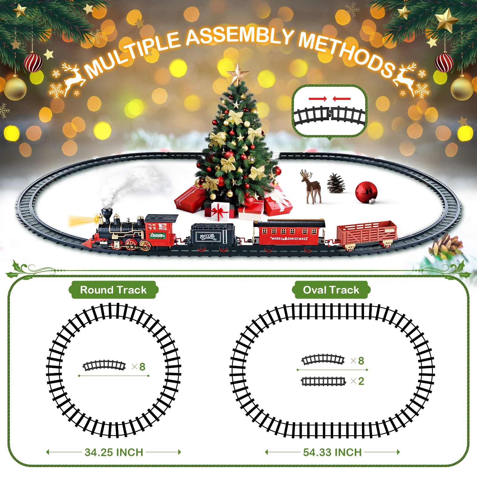 Shemira Christmas Train Set, Train Toys for Boys Girls,Toy Train with Light Smoke and Sound,Steam Train Set for Around Christmas Tree,Christmas Train Toys Gifts for 3 4 5 6 7 8+ Year Old Kids