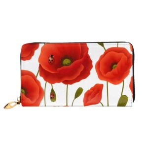 long handbag purse wristlet bag card holder wallet-red poppy flower ladybug leather wallet for women men