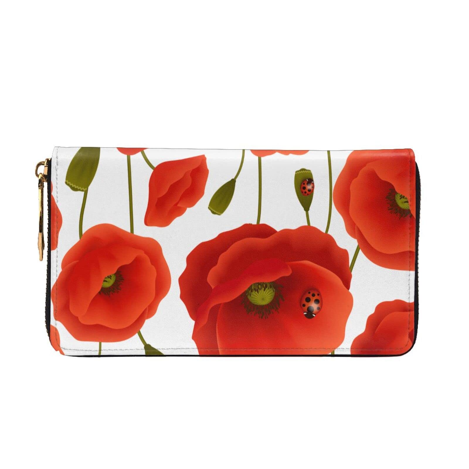 Long Handbag Purse Wristlet Bag Card Holder Wallet-Red Poppy Flower Ladybug Leather Wallet For Women Men