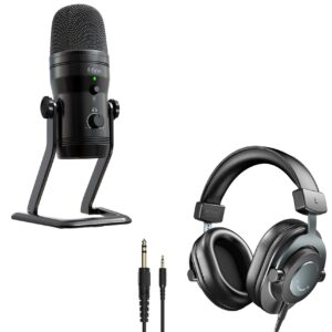 fifine usb studio recording microphone 3.5mm/6.35mm monitor headphones for podcast, computer mic with mute button, four pickup patterns for vocals asmr, black headphones (k690+h8)