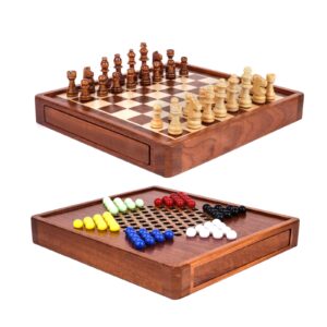 chinese checkers, wooden chess and chinese checkers game set, oocome magnetic chess set, 2 in 1 chess & checkers board games with with storage drawer -walnut box