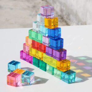 koaics rainbow crystal acrylic cubes children learning color light shadow toy, stacking gem blocks sensory building blocks for kids(16pcs)…