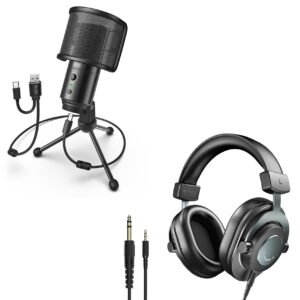 fifine usb desktop microphone 3.5mm/6.35mm headphones for studio monitor, pc microphone with gain control and mute button, black podcast headphones with coiled cables, soft earmuffs (k683a+h8)