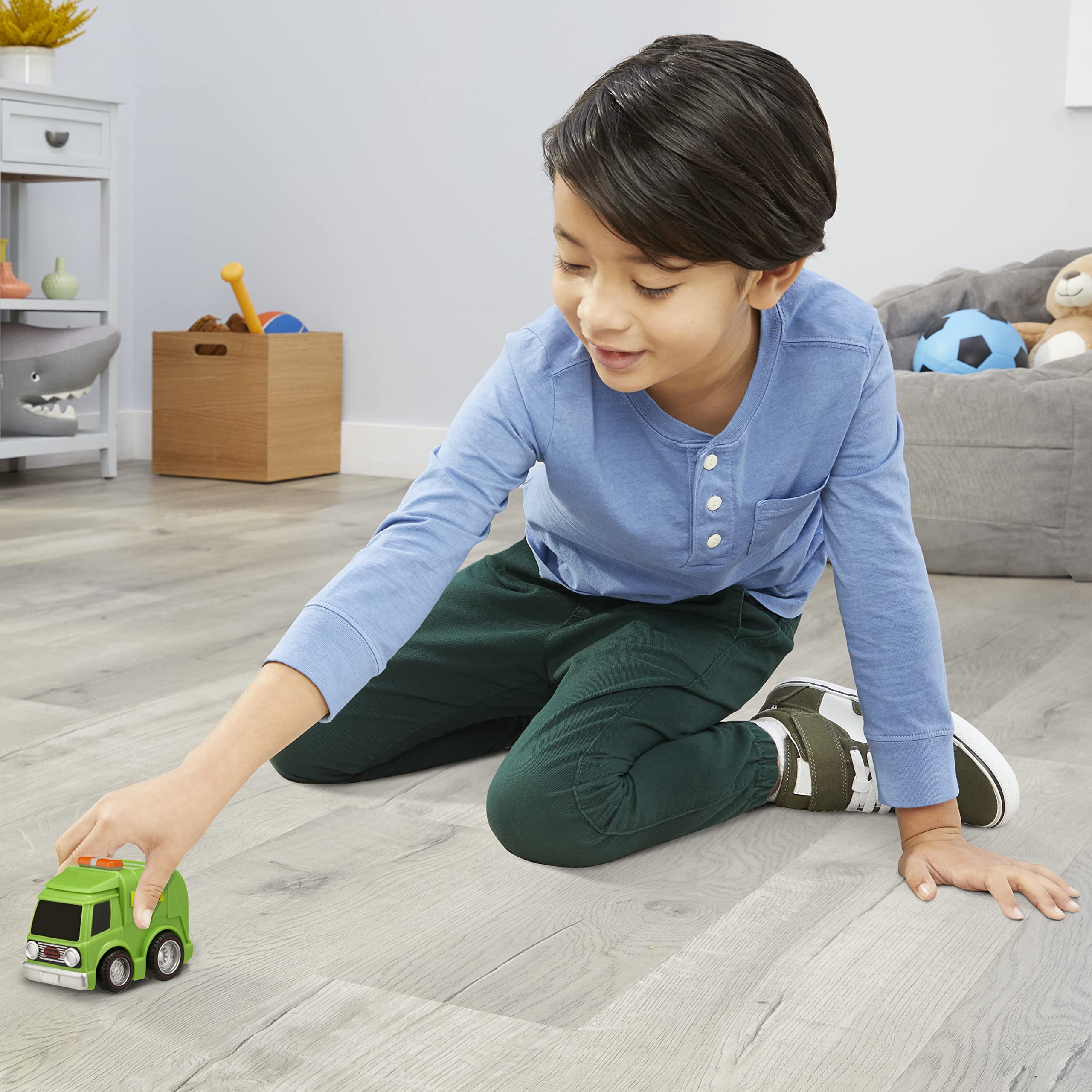 Little Tikes My First Cars Crazy Fast Cars 4-Pack Series 5 – Garbage Truck (Recycle), Race Car (Yellow), Muscle Car (Orange), Police Car (International), Pullback Toy Car Vehicles